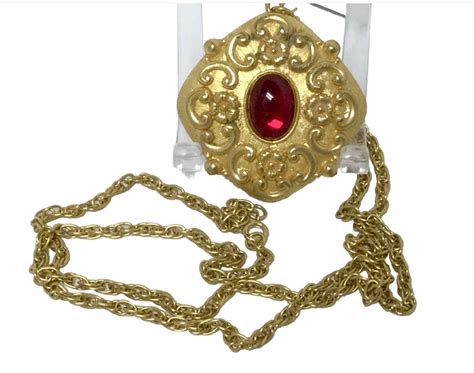 Vintage Revlon Solid Perfume Compact Intimate Necklace Red Cabochon Gold Tone Etsy