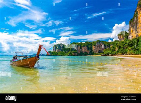 Single Long Tail Boat On The Water At Famous Railay Beach In Krabi Town