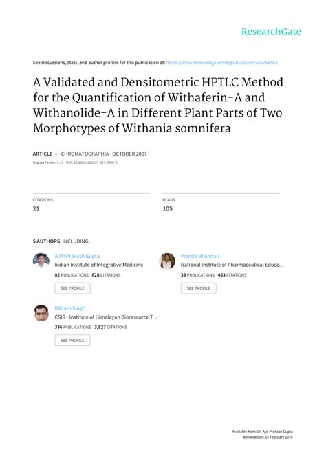 Pdf A Validated And Densitometric Hptlc Method For The Quantification Of Withaferin A And