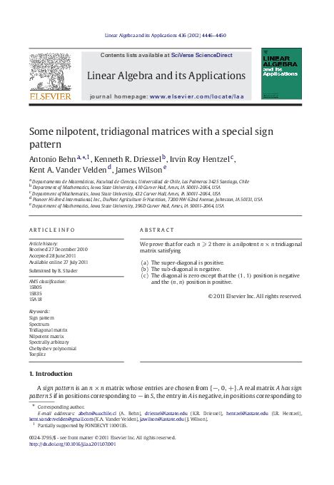 pdf some nilpotent tridiagonal matrices with a special sign pattern