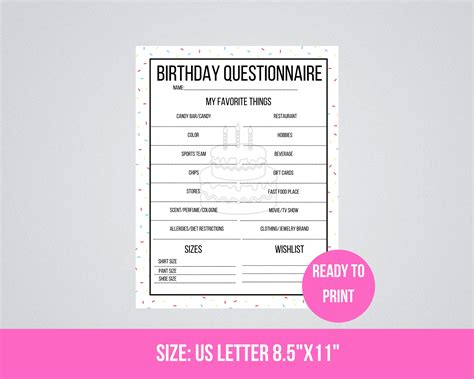 Work Birthday Questionnaire Birthday Survey Work Birthday List