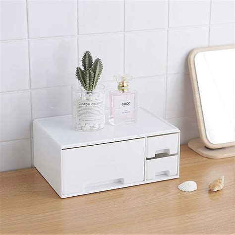 White Stackable Makeup Organizer With Drawers Plastic Storage Box For Countertop Desk