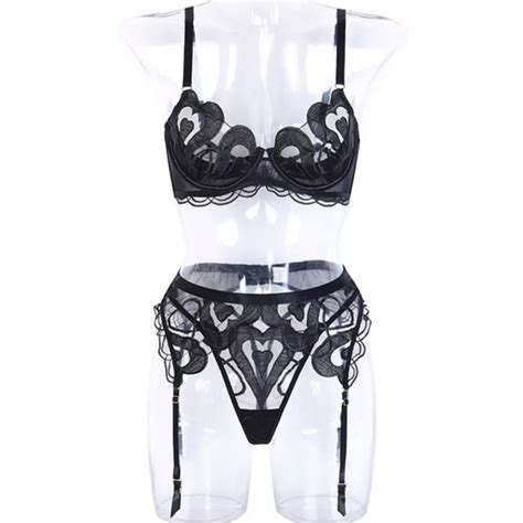 Intimates And Sleepwear 3piece Lace Bra Set Hallow Out Heart Pattern