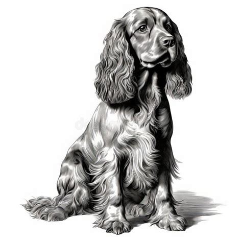 Realistic Hyper Detailed Black And White Cocker Spaniel Drawing Stock Illustration