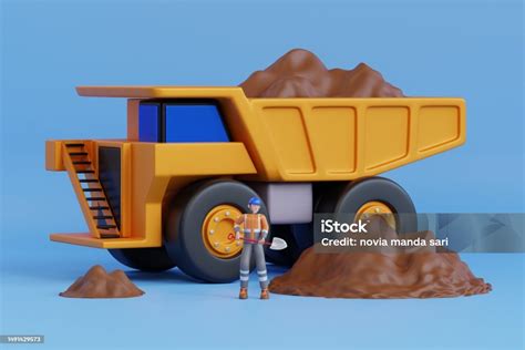 탄광에 있는 대형 채석장 덤프 트럭의 3d 그림 트럭 차체에 석탄을 싣고 있습니다 석탄 생산으로 노천 구덩이에서 석탄을 운반하는 광산 트럭 광산 기계 3차원 형태에 대한