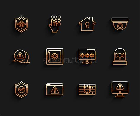 Set Line Shield With Check Mark Browser Exclamation Brick Wall