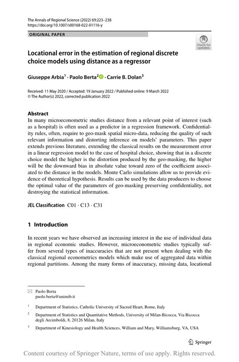 Pdf Locational Error In The Estimation Of Regional Discrete Choice Models Using Distance As A