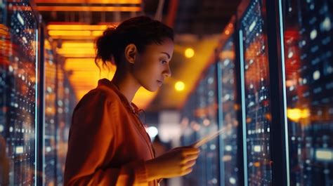 Premium Ai Image Female Data Center It Specialist Using Tablet Computer Turning Augmented Vfx