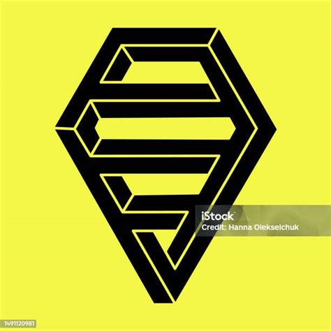 불가능한 모양 신성한 기하학 착시 그림 추상적인 영원한 기하학적 물체 불가능한 끝없는 윤곽 Op 아트 에셔 스타일 노란색 배경에