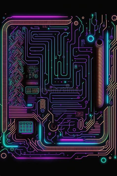 Image Of Computer Circuit Board And Purple Light Trails On Dark
