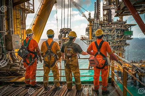 Four Workers On An Offshore Oil Rig Observing The Vast Sea They Are