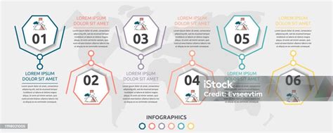 벡터 플랫 인포그래픽 템플릿입니다 여섯 다이어그램 그래프 순서도 타임 라인 마케팅 프리젠 테이션에 대한 텍스트와 아이콘 라인 Heptagon 개념에 대한 스톡 벡터 아트 및