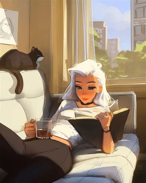 Фото Девочка лежит на диване с книгой и чашкой чая в руках а на спинке дивана лежит черный кот