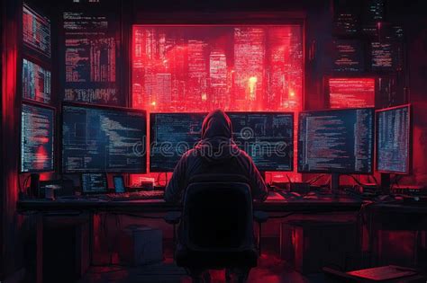 A Hacker S Dark Room With Multiple Monitors Displaying Lines Of Code