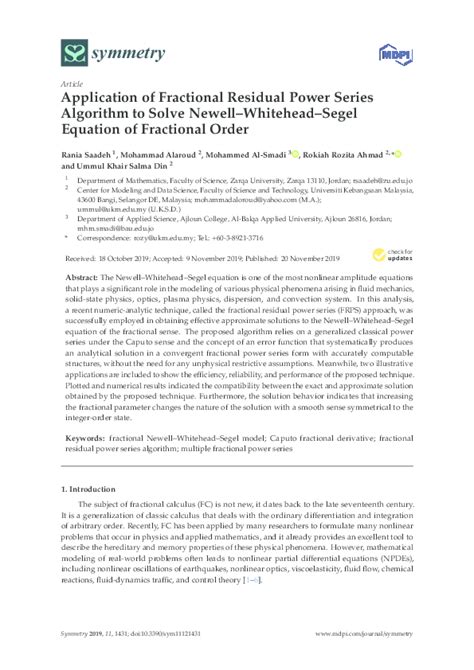 Pdf Application Of Fractional Residual Power Series Algorithm To Solve Newell Whitehead Segel