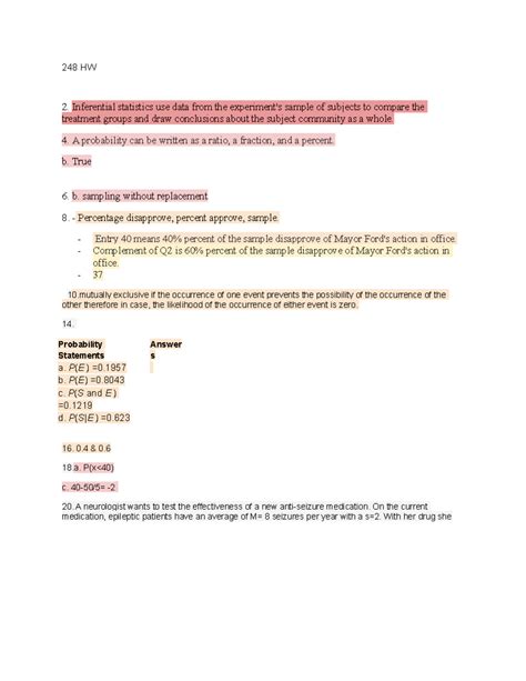 248 HW 6 Homework Assignment 248 HW 2 Inferential Statistics Use Data From The Experiment S