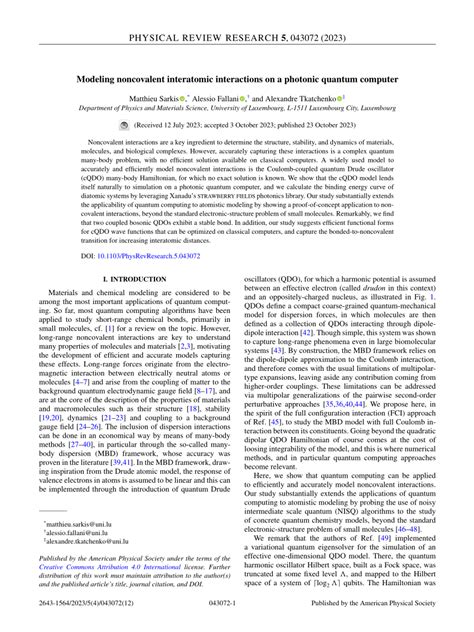 Pdf Modeling Noncovalent Interatomic Interactions On A Photonic Quantum Computer