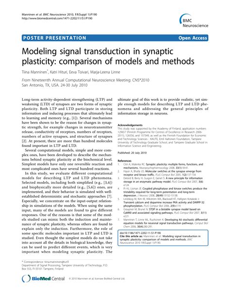 Pdf Modeling Signal Transduction In Synaptic Plasticity Comparison Of Models And Methods