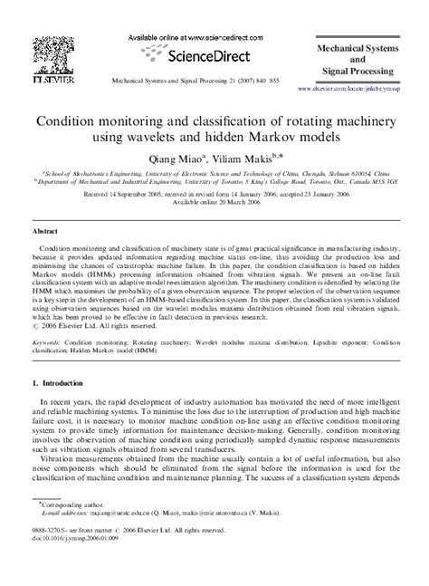 Pdf Condition Monitoring And Classification Of Rotating Machinery