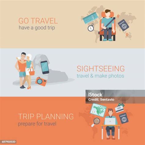 플랫 스타일 웹사이트 슬라이더 배너 여행 관광 여행 계획 개념 웹 인포 그래픽 템플릿 남자 비행기 좌석 커플 셀 카 스핑크스 테이블 노트북 관광 여권 비자 계획 벡터