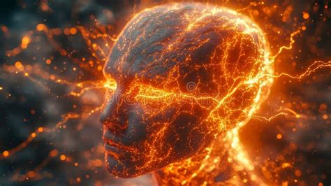 Close Up Of A Human Face Surrounded By Glowing Electric Currents And Digital Data Streams Stock