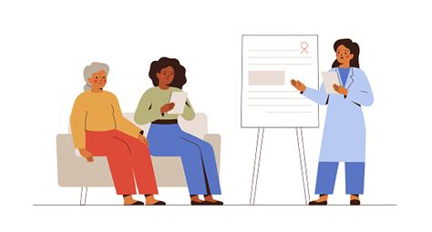 여성을 위한 유방암 인식 세미나 예방 및 조기 발견 여성 종양학에 대해 이야기하는 의사 여자 노인에 대한 스톡 벡터 아트 및 기타 이미지 여자 노인 세미나 여자