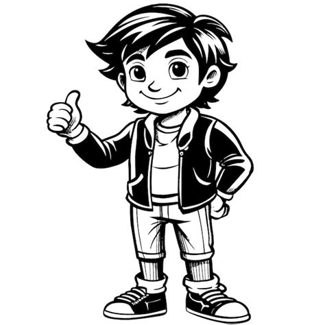 Um Desenho De Desenho Animado De Um Menino Vestindo Uma Jaqueta Que Diz Polegares Para Cima