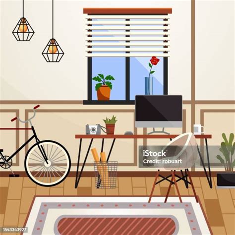 홈 오피스 인테리어 벡터 그림입니다 재택근무 코워킹 스페이스 0명에 대한 스톡 벡터 아트 및 기타 이미지 0명 가구 가정의 방 Istock