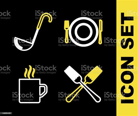 세트 라인 접시 포크와 나이프 교차 커피 컵과 주방 국자 아이콘 벡터 그릇에 대한 스톡 벡터 아트 및 기타 이미지 그릇