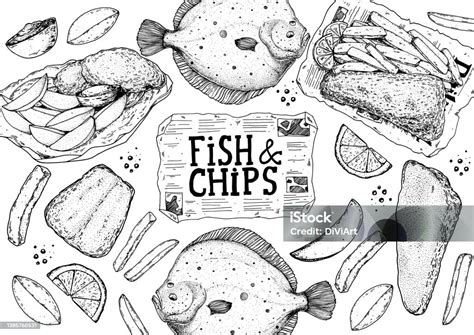 피시 앤 칩스 스케치 벡터 일러스트레이션 영국 술집 음식 손으로 그린 스케치 생선과 칩을 요리 손으로 그린 빈티지 이미지 메뉴