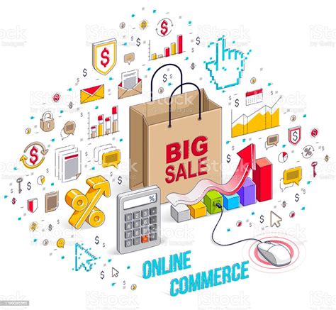 온라인 상점 개념 웹 스토어 인터넷 판매 Pc 마우스가 흰색에 격리 된 Pc 마우스와 쇼핑 백 아이콘 통계 차트 및 디자인 요소와 아이소메트릭 3d 벡터 금융 그림 3차원