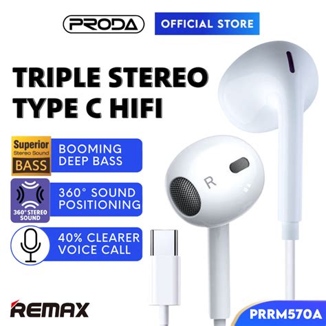 Remax Stereo Music Bass Digital Type C Wired Earphone With Built In Mic Volume Control In Ear