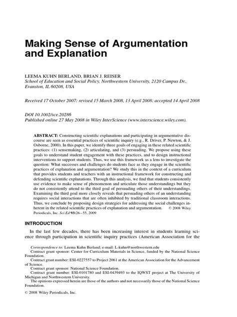 Science Education 2008 Berland Making Sense Of Argumentation And Explanation Pdf