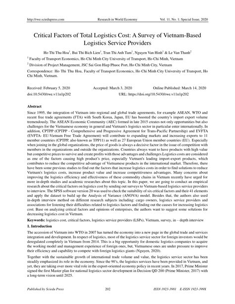 PDF Critical Factors Of Total Logistics Cost A Survey Of Vietnam Based Logistics Service