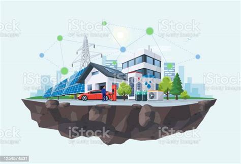 지속 가능한 재생 에너지 배터리 저장 전원 그리드 하우스 아일랜드 시스템 대전에 대한 스톡 벡터 아트 및 기타 이미지 대전 섬 연료 및 전력 생산 Istock