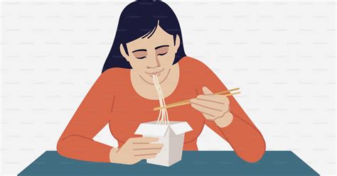 중국 음식 세미 플랫 Rgb 컬러 벡터 그림을 먹는 젊은 여자 동양 요리 레스토랑 테이크 아웃 주문 하얀 배경에 고립된 만화