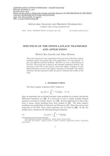 Applicable Analysis And Discrete Mathematics SPECTRUM OF THE