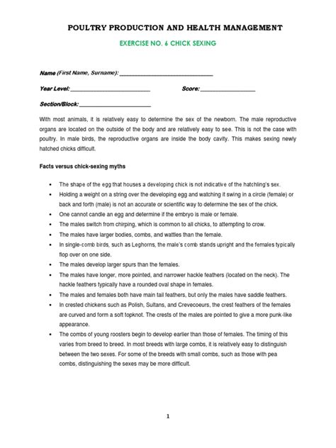 Exercise No 7 Chick Sexing Pdf Chicken Birds