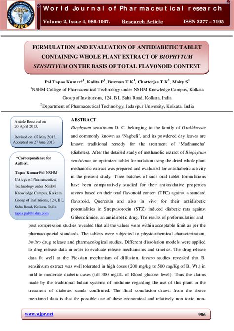 Pdf Formulation And Evaluation Of Antidiabetic Tablet Containing