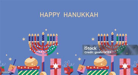 하누카 휴일 메노라 전통 도넛 선물 상자 및 팽이가 있는 매끄러운 테두리 디자인 소셜 미디어에 대 한 현대 템플릿 배경입니다 벡터 그림 개념에 대한 스톡 벡터 아트 및 기타