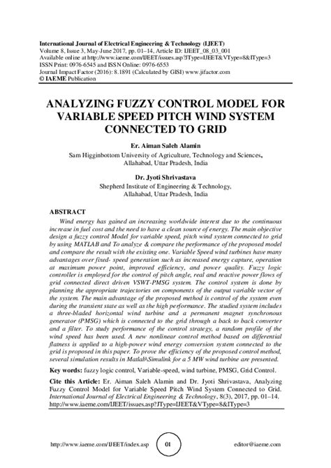 Pdf Analyzing Fuzzy Control Model For Variable Speed Pitch Wind System Connected To Grid