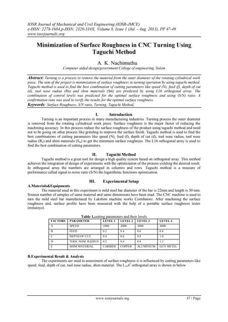 Minimization Of Surface Roughness In Cnc Turning Using Taguchi Method Pdf