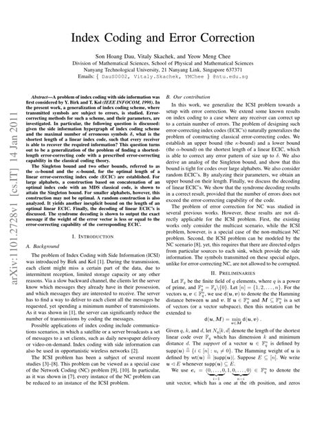 Pdf Index Coding And Error Correction