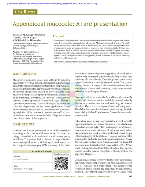 Pdf Appendiceal Mucocele A Rare Presentation