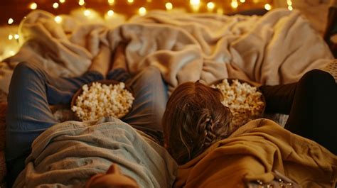 A Couple Of People Laying On A Bed With Popcorn In Their Hands
