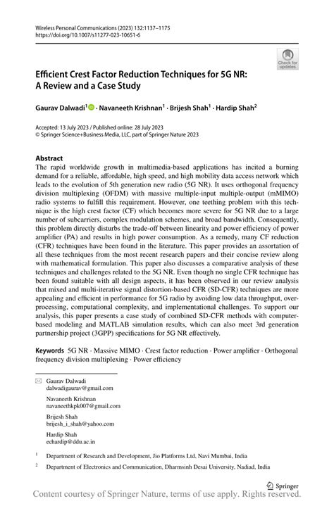 Efficient Crest Factor Reduction Techniques For 5g Nr A Review And A