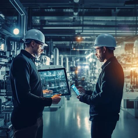 Premium Ai Image Factory Digitalization Two Industrial Engineers Use Tablet Computer Big Data