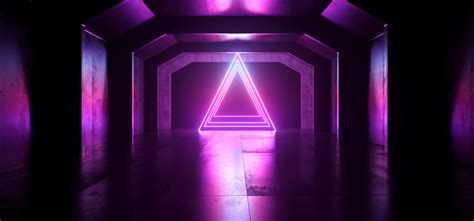 공상 과학 소설 미래 네온 보라색 파란색 빛나는 삼각형 모양 빈 어두운 우주선 터널 지하 활기찬 레이저 모양 그런지 콘크리트 반사 그래픽 배경 3d 렌더링 0명에 대한 스톡