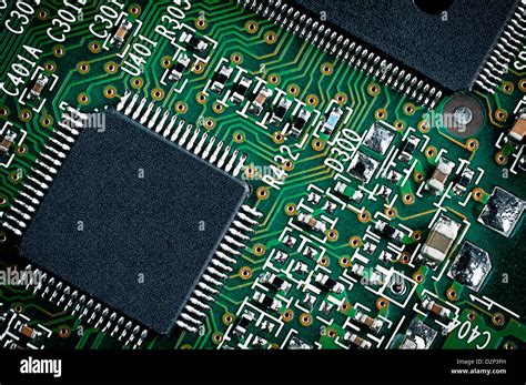 Microchip On Green Printed Circuit Board Pcb Close Up Macro Detail