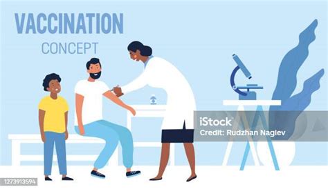 예방 접종을위한 클리닉에서 아버지와 아들 가족에 대한 스톡 벡터 아트 및 기타 이미지 가족 백신접종 가공의 인물 Istock